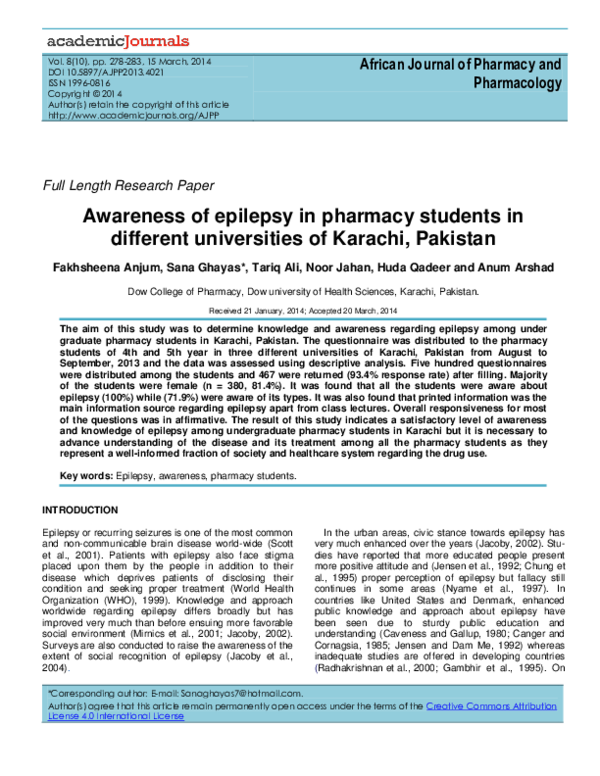 (PDF) Awareness of epilepsy in pharmacy students in different ...