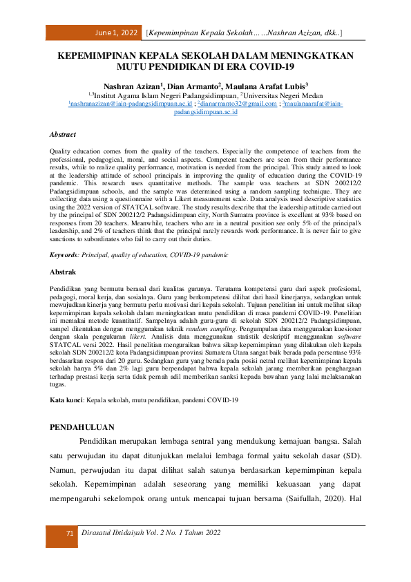 (PDF) Kepemimpinan Kepala Sekolah Dalam Meningkatkan Mutu Pendidikan DI Era COVID-19