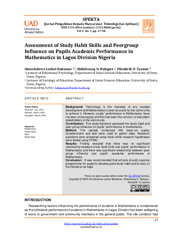 (PDF) Assessment of Study Habit Skills and Peergroup Influence on ...
