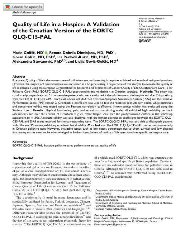 (PDF) Quality of Life in a Hospice: A Validation of the Croatian Version of the EORTC QLQ-C15-PAL