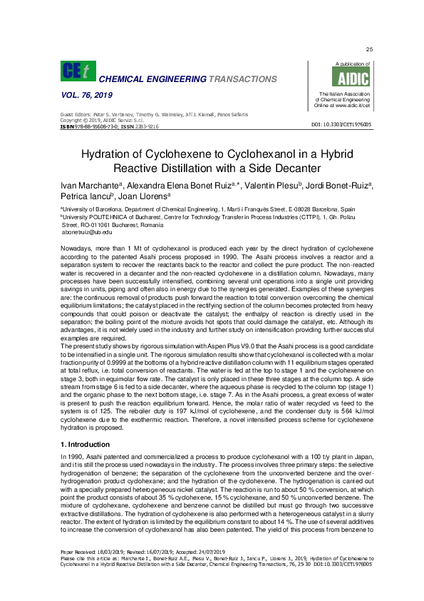 (PDF) Hydration of Cyclohexene to Cyclohexanol in a Hybrid Reactive ...