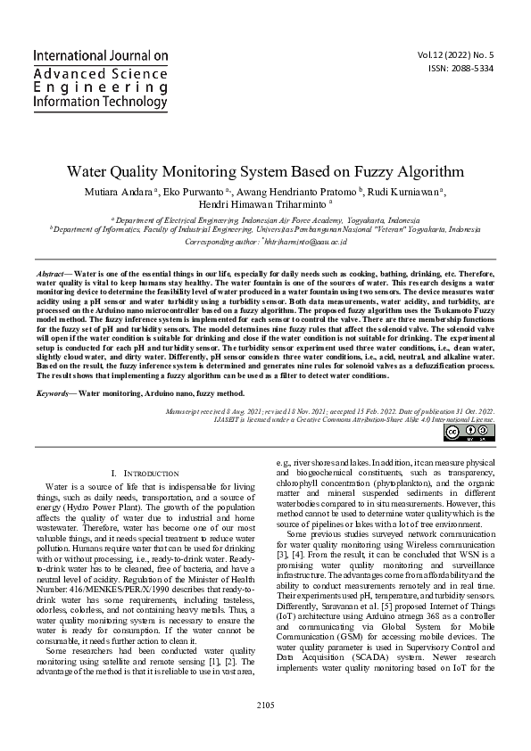 (PDF) Water Quality Monitoring System Based on Fuzzy Algorithm