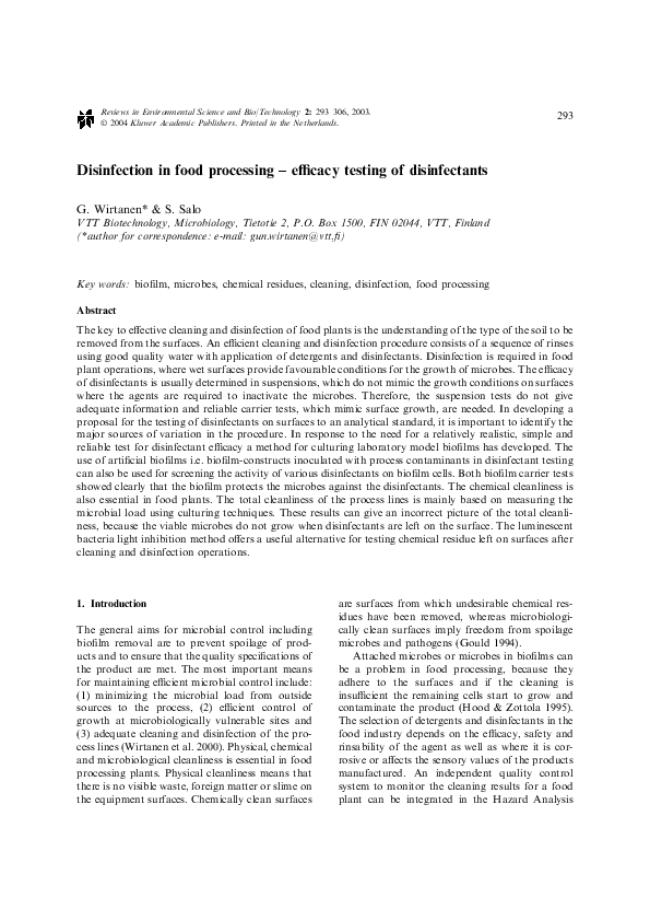 (PDF) Disinfection in Food Processing – Efficacy Testing of Disinfectants