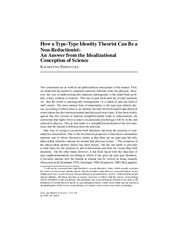 (PDF) How a Type-Type Identity Theorist Can Be a Non-Reductionist: An ...