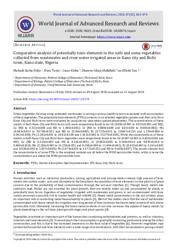 (PDF) Comparative analysis of potentially toxic elements in the soils and some vegetables ...