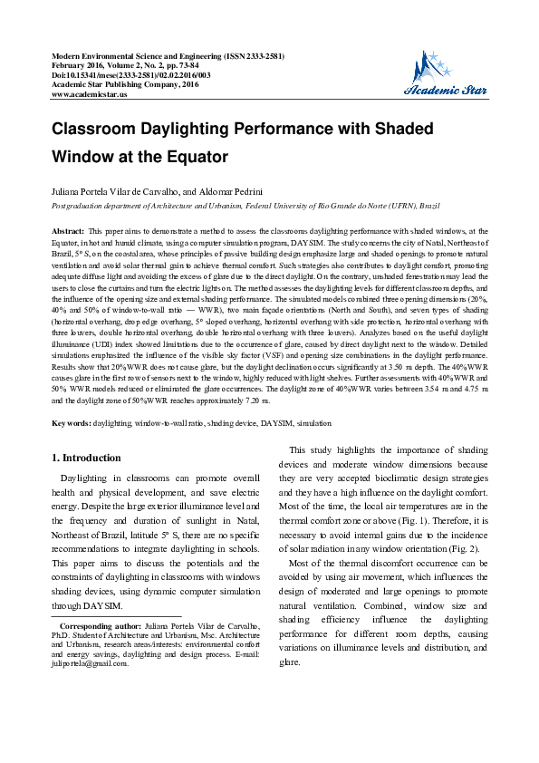 (PDF) Classroom Daylighting Performance with Shaded Window at the Equator