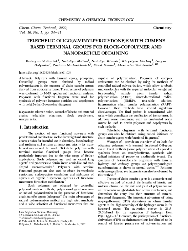 (PDF) Telechelic Oligo(N-Vinylpyrolydone)swith Cumene Based Terminal ...