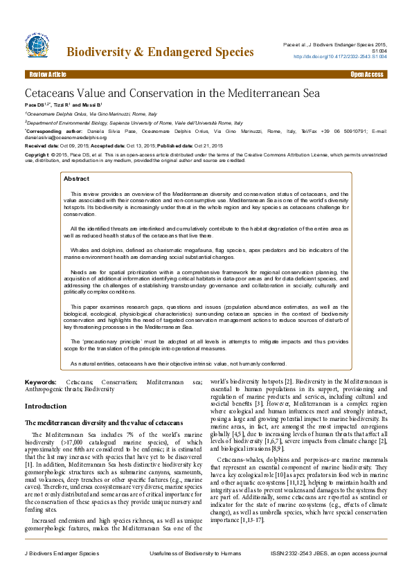 (PDF) Cetaceans Value and Conservation in the Mediterranean Sea