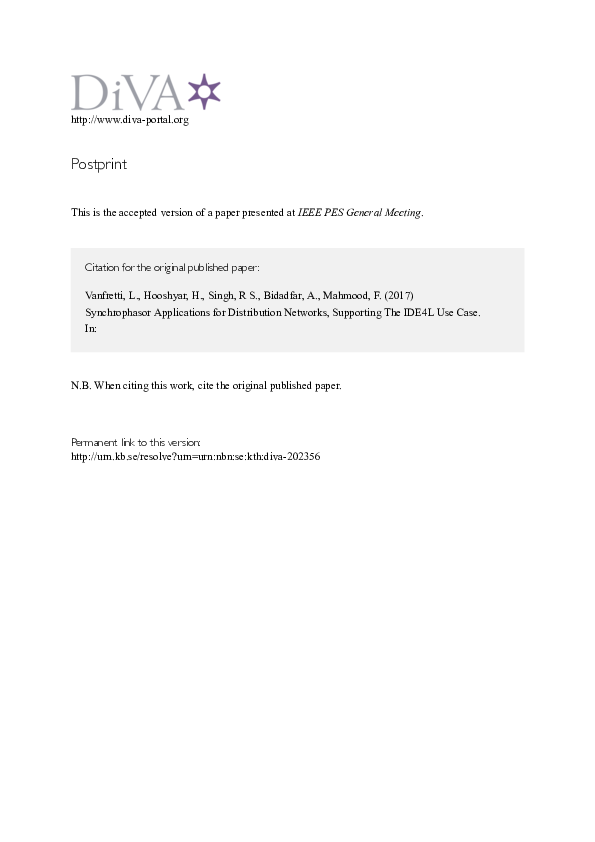 (PDF) Synchrophasor applications for distribution networks, supporting the IDE4L use case