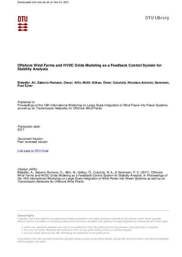 Pdf Offshore Wind Farms And Hvdc Grids Modeling As A Feedback Control