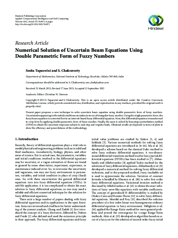 Pdf Numerical Solution Of Uncertain Beam Equations Using Double Parametric Form Of Fuzzy Numbers