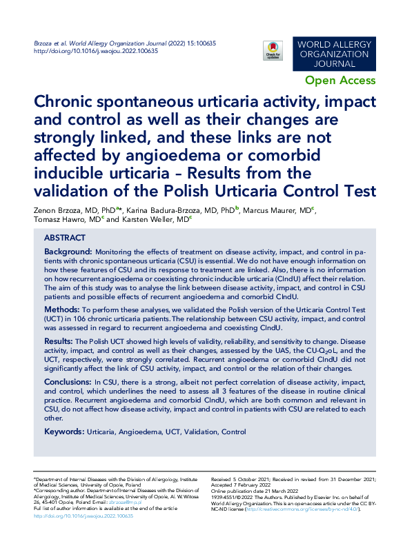 (PDF) Chronic spontaneous urticaria activity, impact and control as ...