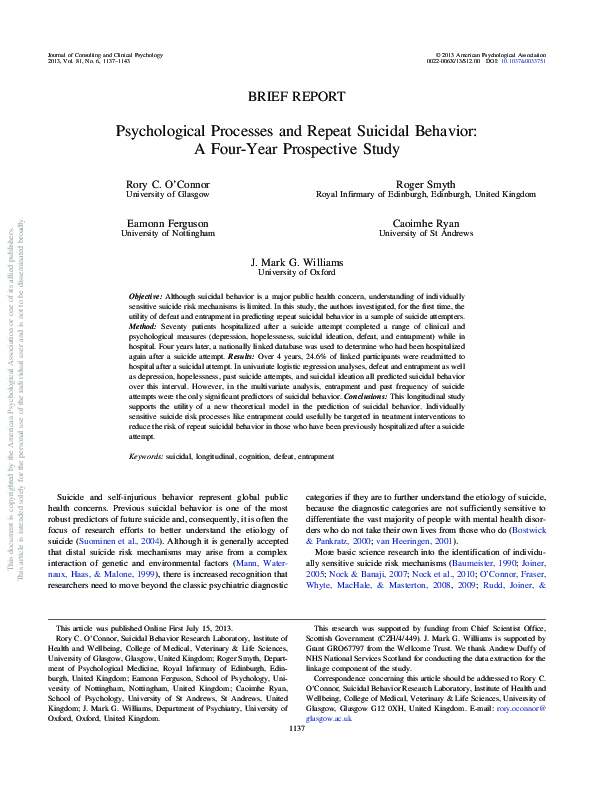 (PDF) Psychological processes and repeat suicidal behavior: A four-year prospective study