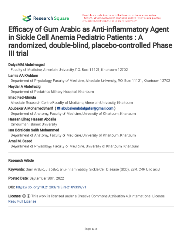 (PDF) Efficacy of Gum Arabic as Anti-inflammatory Agent in Sickle Cell Anemia Pediatric Patients ...