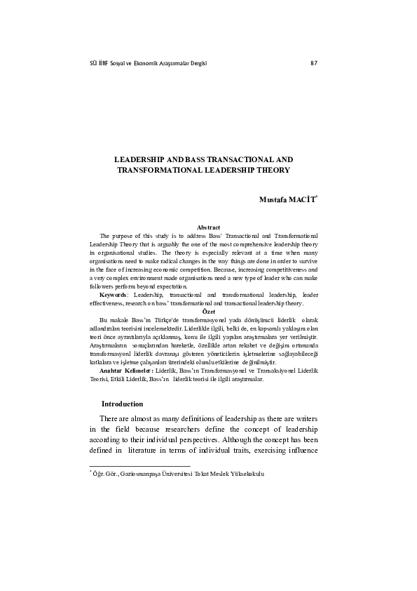 (PDF) Leadership and Bass Transactional and Transformational Leadership Theory