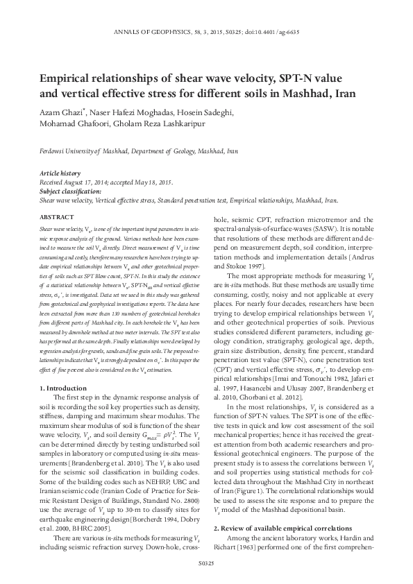 (PDF) Empirical relationships of shear wave velocity, SPT-N value and vertical effective stress ...
