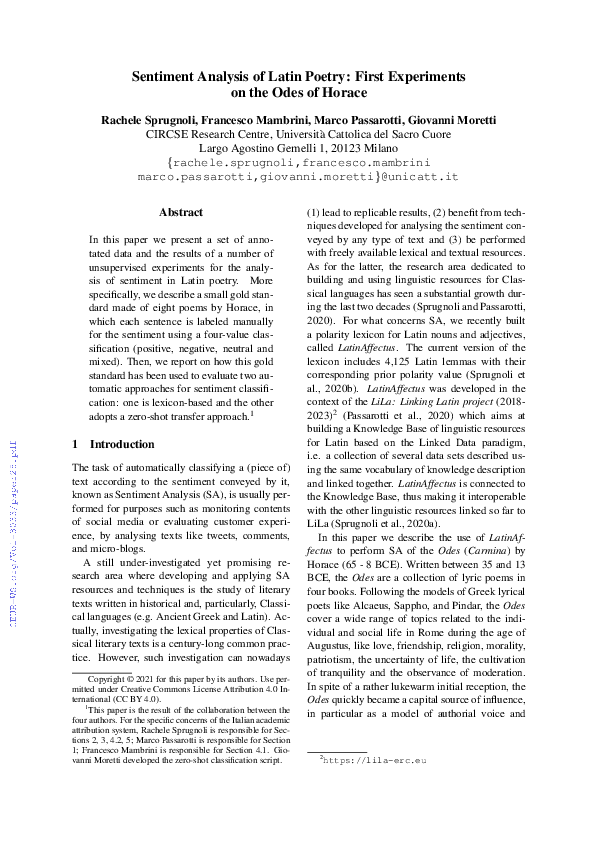(PDF) Sentiment Analysis of Latin Poetry: First Experiments on the Odes ...