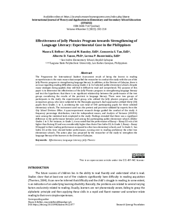 (PDF) Effectiveness of Jolly Phonics Program towards Strengthening of ...