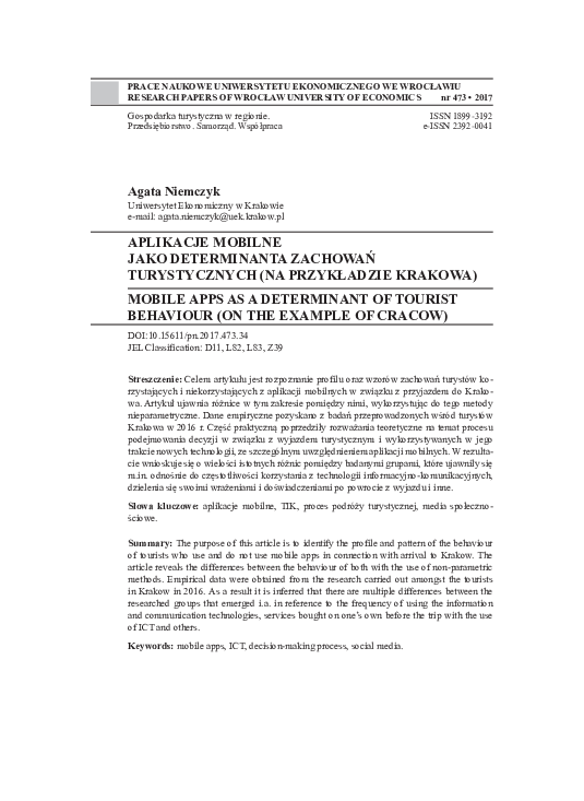 (PDF) Mobile Apps as a Determinant of Tourist Behaviour (On the Example of Cracow)
