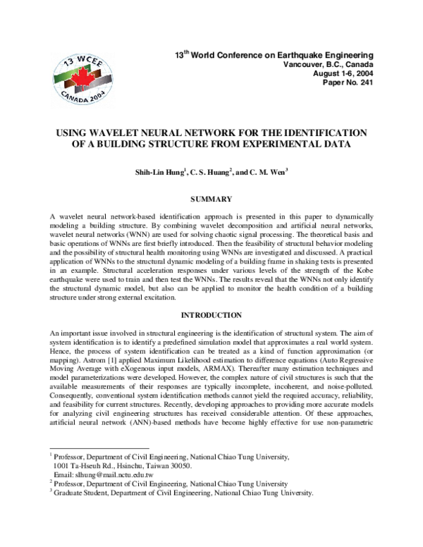 (PDF) Using Wavelet Neural Network for the Identification of A Building Structure from ...