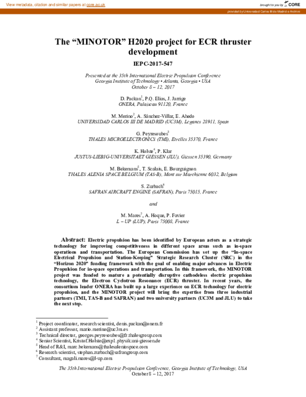(PDF) The "MINOTOR" H2020 project for ECR thruster development