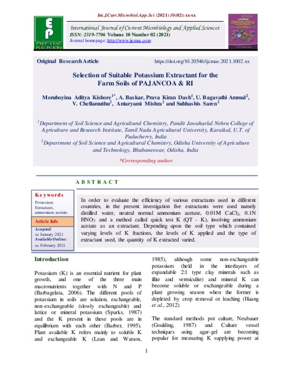 (PDF) Selection of Suitable Potassium Extractant for the Farm Soils of ...