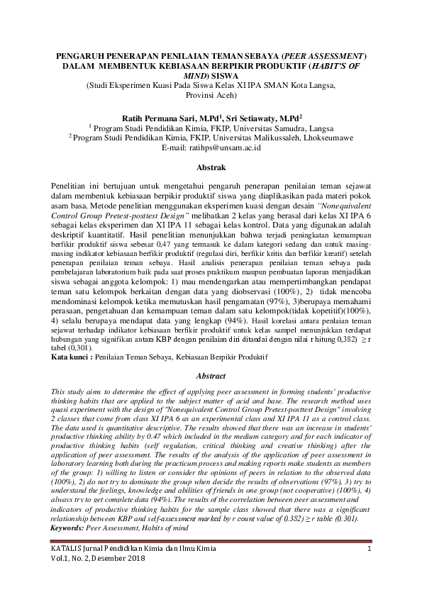 (PDF) Pengaruh Penerapan Penilaian Teman Sebaya (Peer Assessment) dalam Membentuk Kebiasaan ...