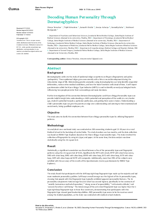 (PDF) Decoding Human Personality Through Dermatoglyphics