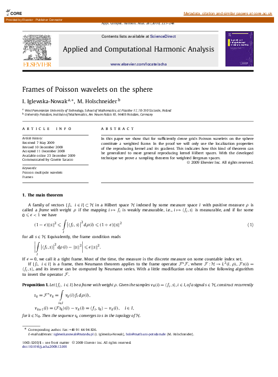 (PDF) Frames of Poisson wavelets on the sphere