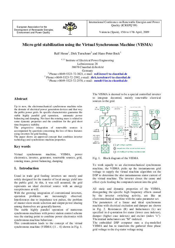 (PDF) Micro grid stabilization using the virtual synchronous machine (VISMA)