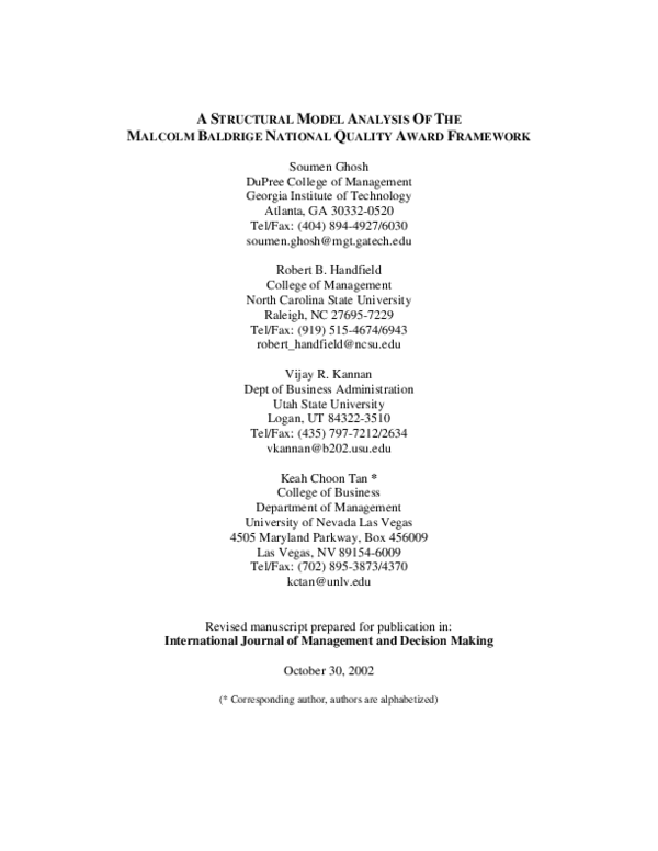 (PDF) A structural model analysis of the Malcolm Baldrige National ...
