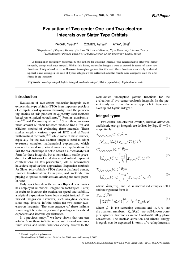 Pdf Evaluation Of Two Center One And Two Electron Integrals Over