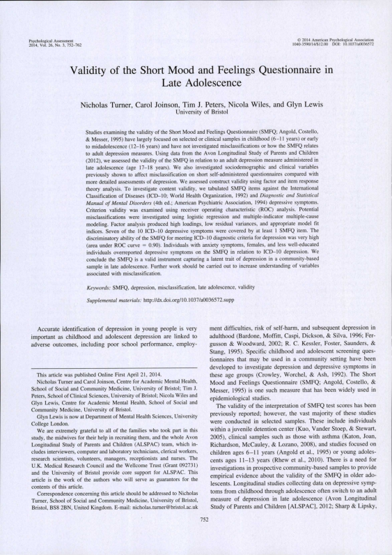 (PDF) Validity of the Short Mood and Feelings Questionnaire in late ...