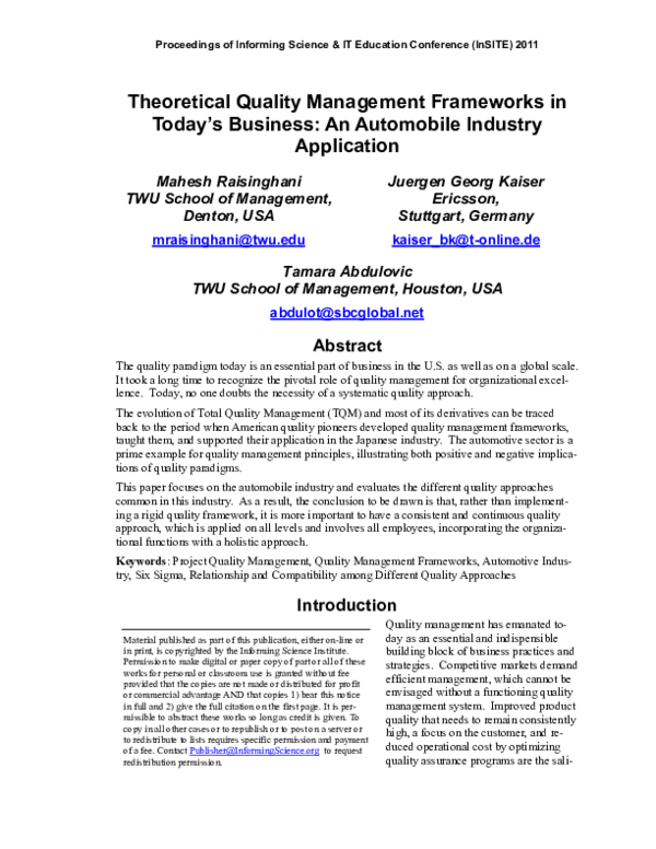 (PDF) Theoretical Quality Management Frameworks in Today’s Business: An ...