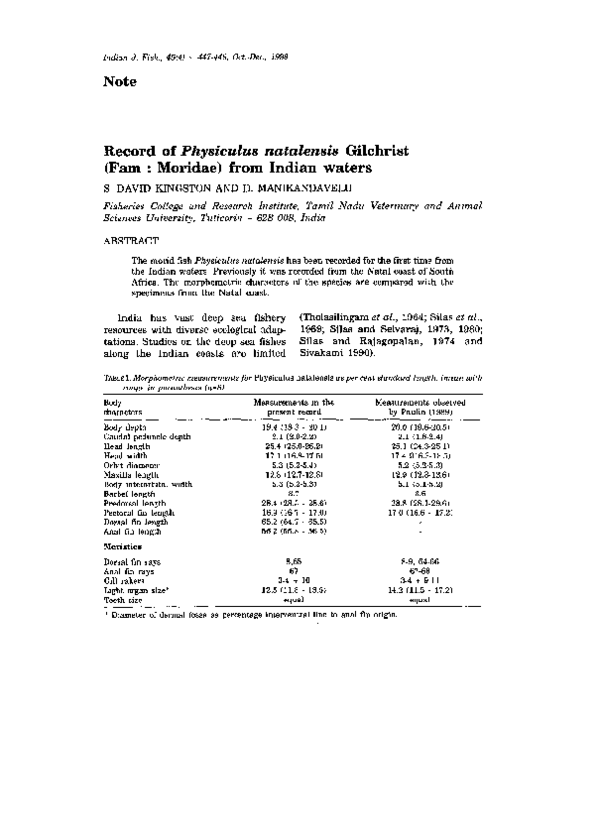 (PDF) Record of Physiculus natalensis Gilchrist (Fam : Moridae) from ...