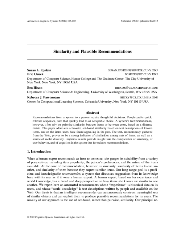 (PDF) Similarity and Plausible Recommendations