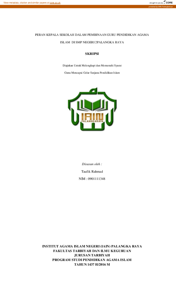 (PDF) Peran kepala sekolah dalam pembinaan guru Pendidikan Agama Islam di SMP Negeri 2 Palangka Raya