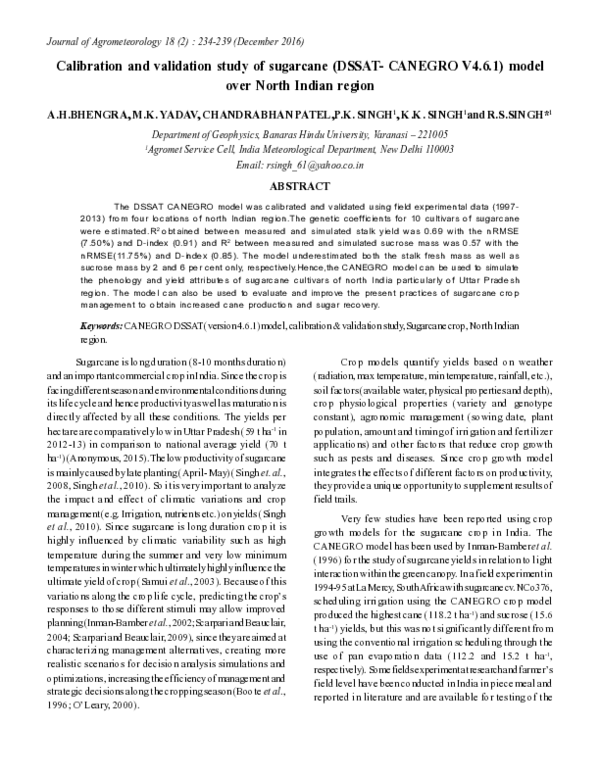 (PDF) Calibration and validation study of sugarcane (DSSAT- CANEGRO V4.6.1) model over North ...
