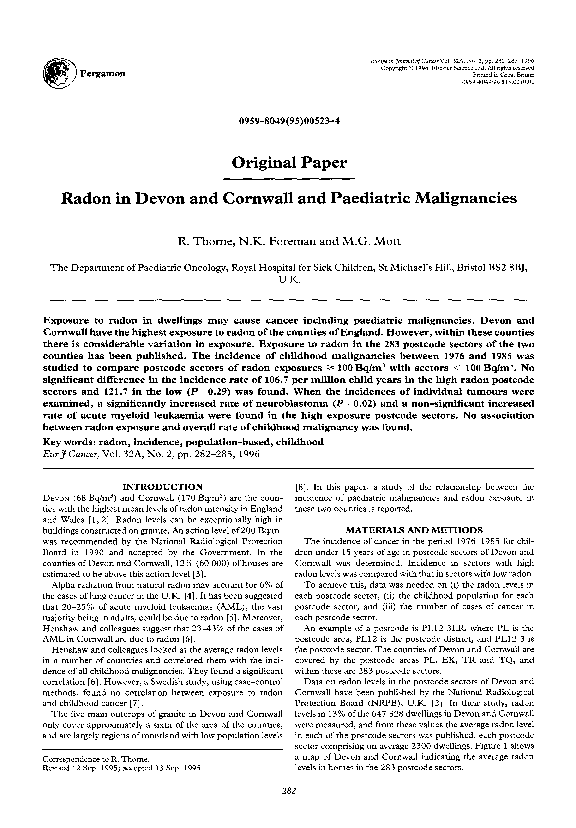 (PDF) Radon in Devon and Cornwall and paediatric malignancies