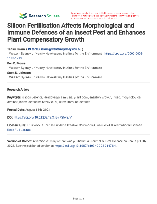 (PDF) Silicon Fertilisation Affects Morphological and Immune Defences ...