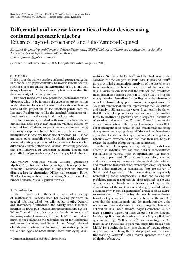 (PDF) Differential and inverse kinematics of robot devices using conformal geometric algebra
