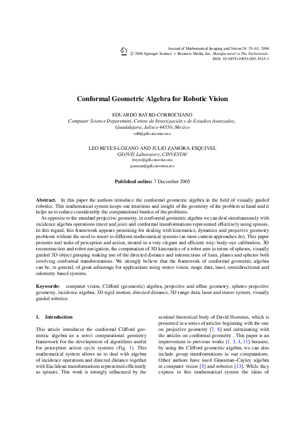 Pdf Conformal Geometric Algebra For Robotic Vision Julio Esquivel