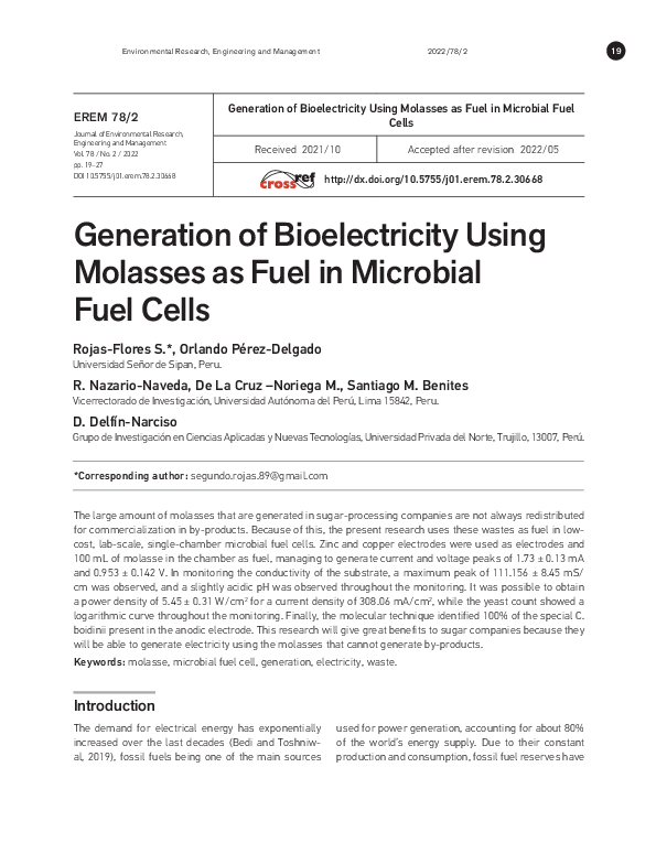 (PDF) Generation of Bioelectricity Using Molasses as Fuel in Microbial Fuel Cells