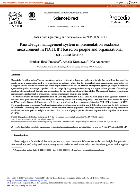 (PDF) Knowledge Management System Implementation Readiness Measurement in PDII LIPI Based on ...