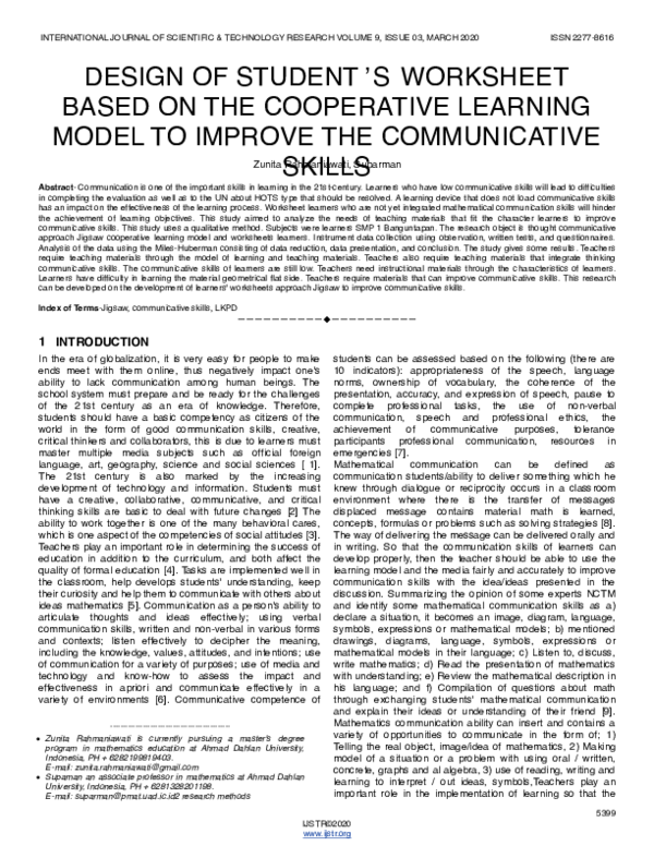 (PDF) Design of Student ’s Worksheet Based on the Cooperative Learning Model to Improve the ...
