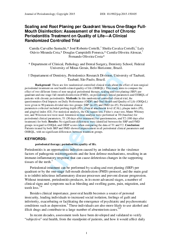 (PDF) Scaling and Root Planing per Quadrant Versus One-Stage Full-Mouth ...