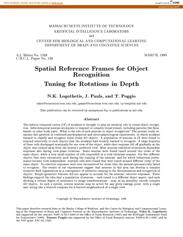 Pdf Spatial Reference Frames For Object Recognition Tuning For Rotations In Depth