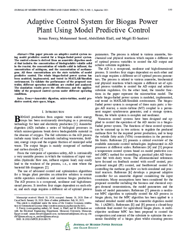 (PDF) Adaptive Control System for Biogas Power Plant Using Model Predictive Control