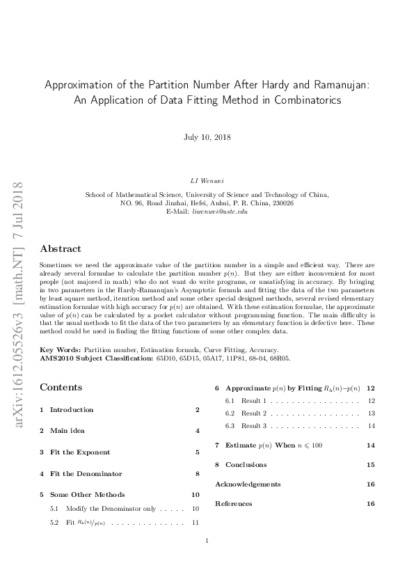 (PDF) Approximation of the Partition Number After Hardy and Ramanujan: An Application of Data ...