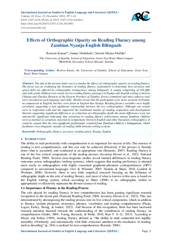 (PDF) Effects of Orthographic Opacity on Reading Fluency among Zambian ...